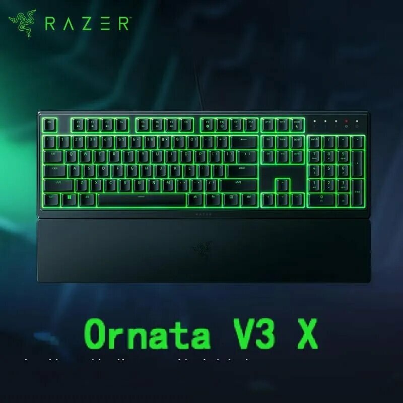 Razer Игровая клавиатура проводная Ornata V3 X, низкопрофильные клавиши — Silent Membrane Switches — клавиши с УФ-покрытием, RGB-подсветка, Подарок: Русская раскладка Стикеры, подставка для запястий, Snap Tap, Английская раскладка, черный, черный матовый