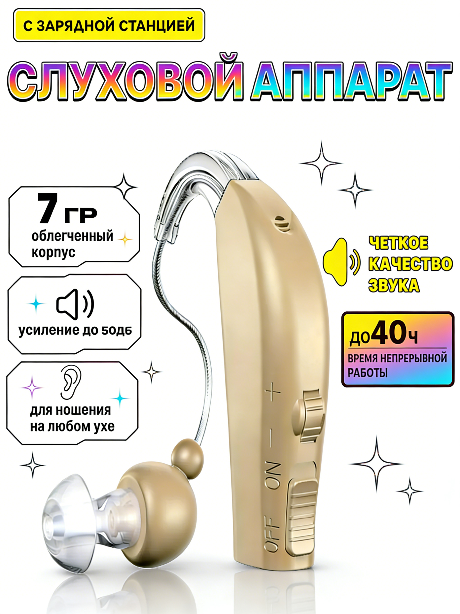 Слуховой аппарат, усиление звука до 30Х, влагозащита, мягкие амбушюры