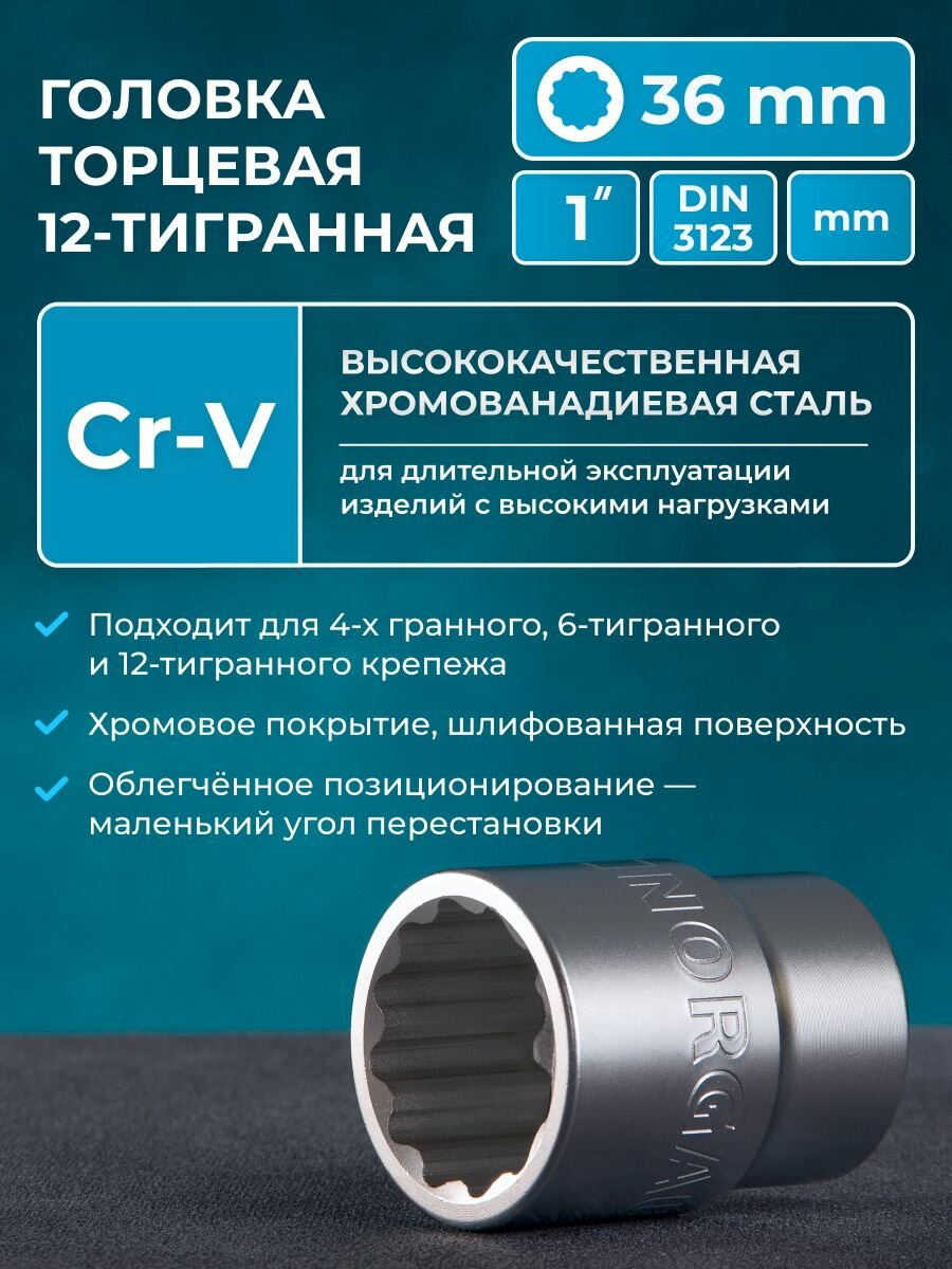 Головка на 36 мм NORGAU Industrial торцевая для ручного инструмента по DIN 3123, под квадрат 1" 12-гранная