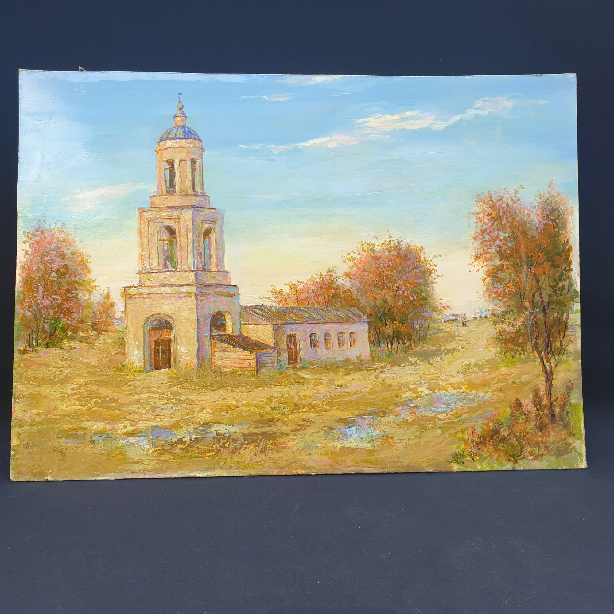 Винтажная картина Церквушка холст, масло, 50х70 см, без рамы СССР