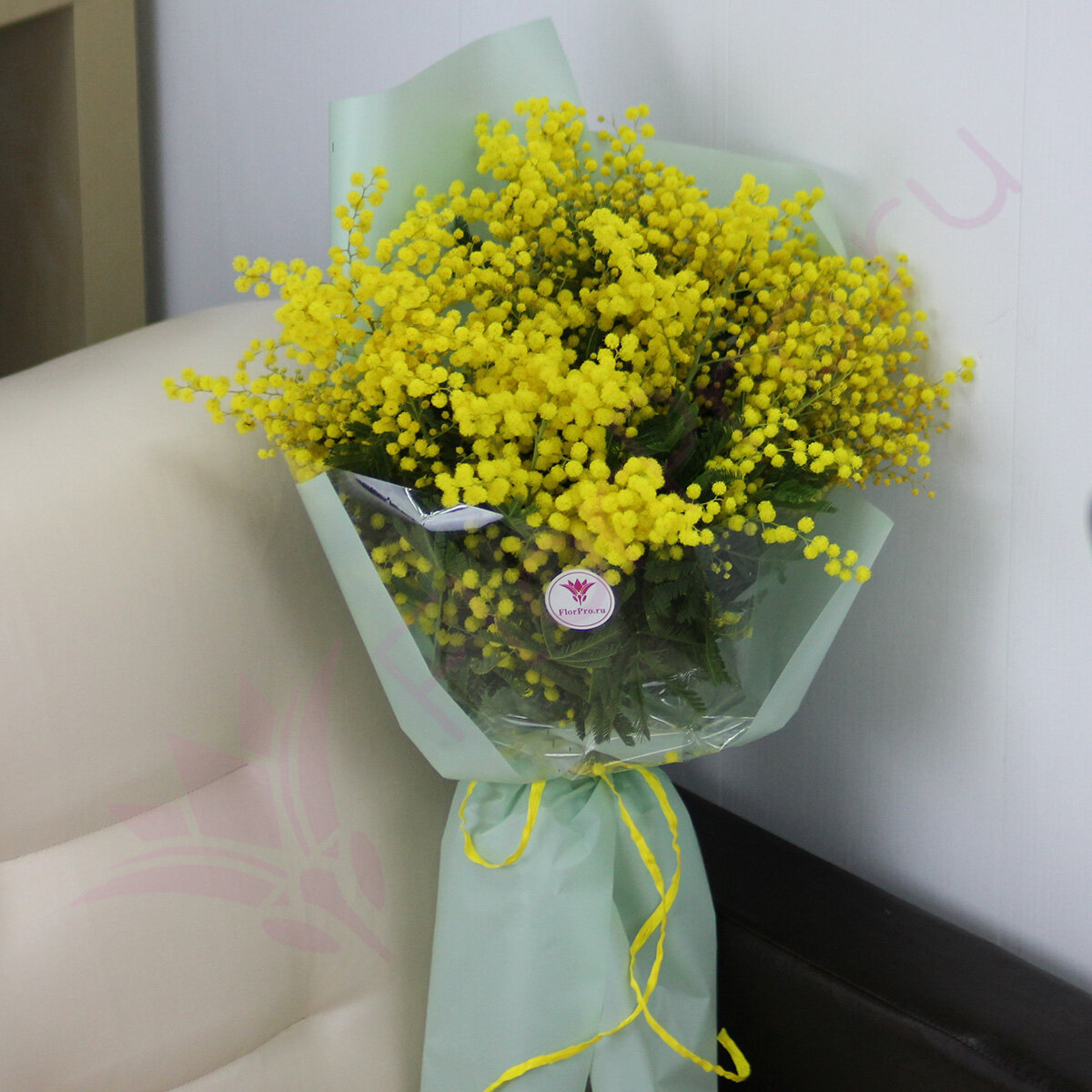 Букет живых цветов Flor-Pro Flowers из 5 веток мимозы в упаковке