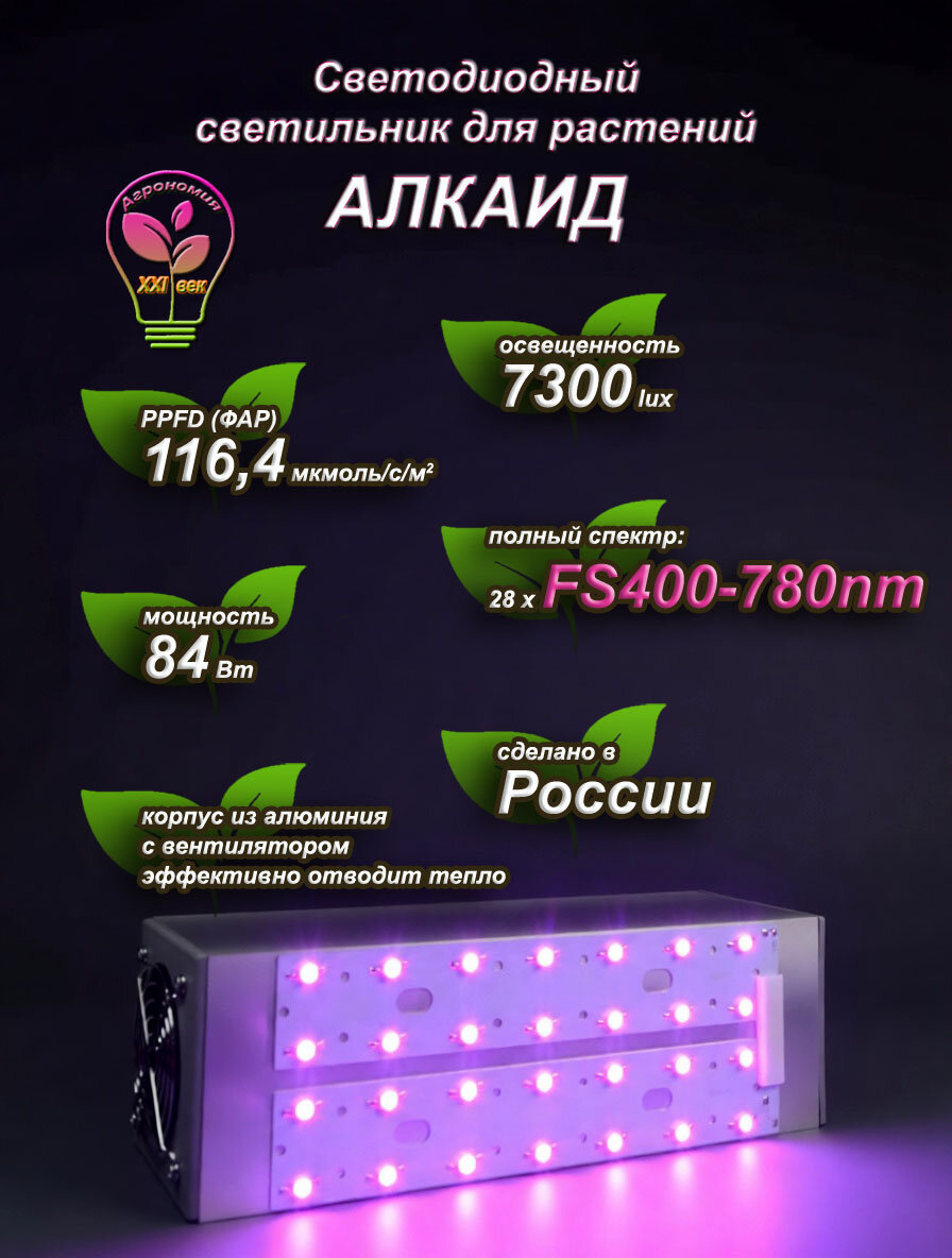 84Вт "Алкаид" Мини фито панель светодиодная полного спектра длиной 30 см