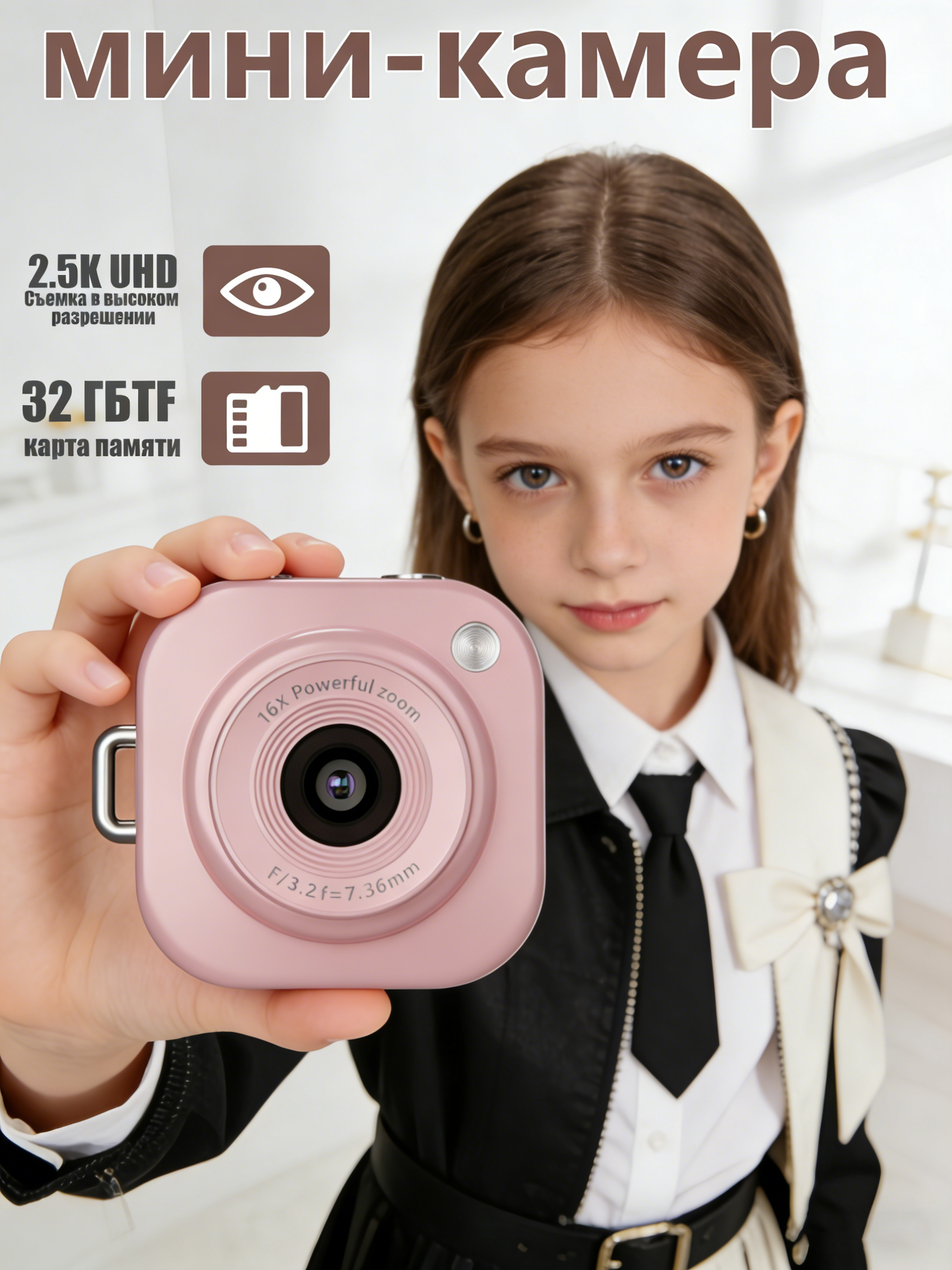 Фотоаппарат, компактная камера, QHD 2.5K, поддержка карт microSD, Ремешок, розовый