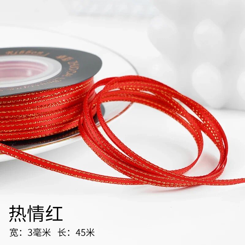 Мerylover атласная лента 45 м, 3 мм, золотой край, полиэстер Красный, red 235