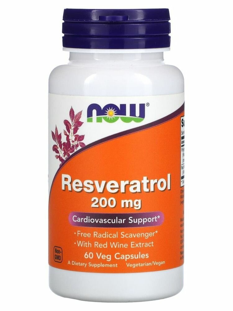 NOW Foods, Натуральный Ресвератрол, 200 мг, 60 растительных капсул