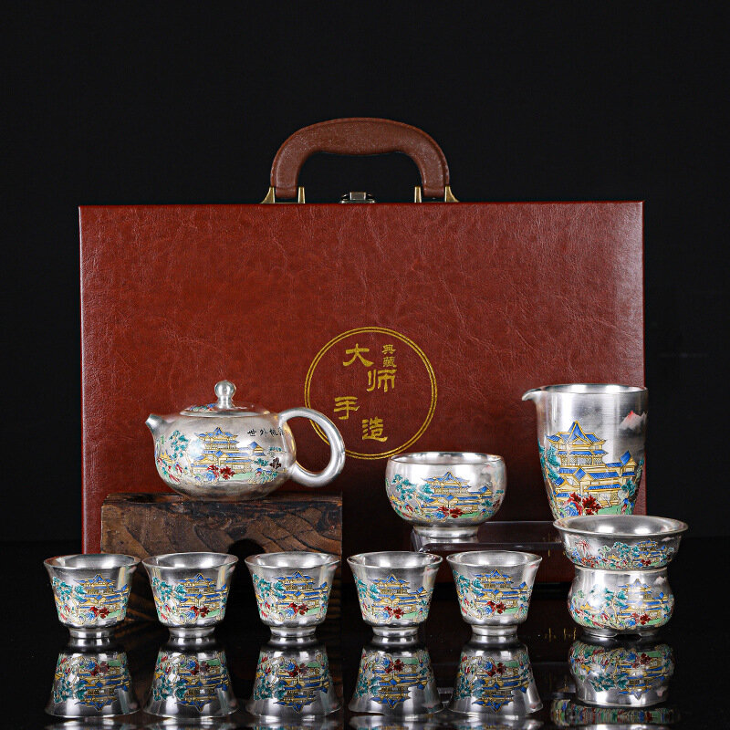 Элитный серебряный чайный сервиз из чистого серебра 999 пробы, чайник с ручной резьбой и плавающей крышкой, полный комплект сборного чайного сервиза для кунг-фу.