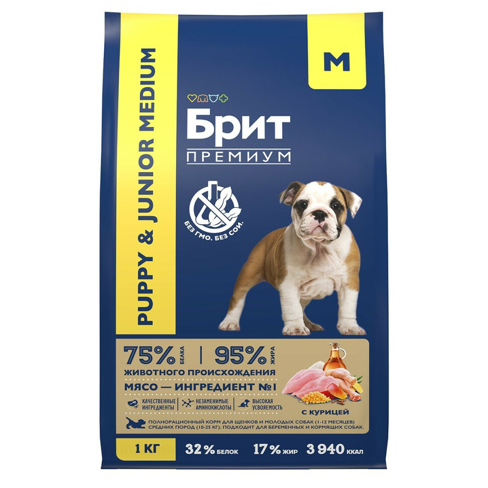 Брит Премиум Dog Puppy and Junior Medium сухой корм для щенков и молодых собак средних пород с курицей - 1 кг