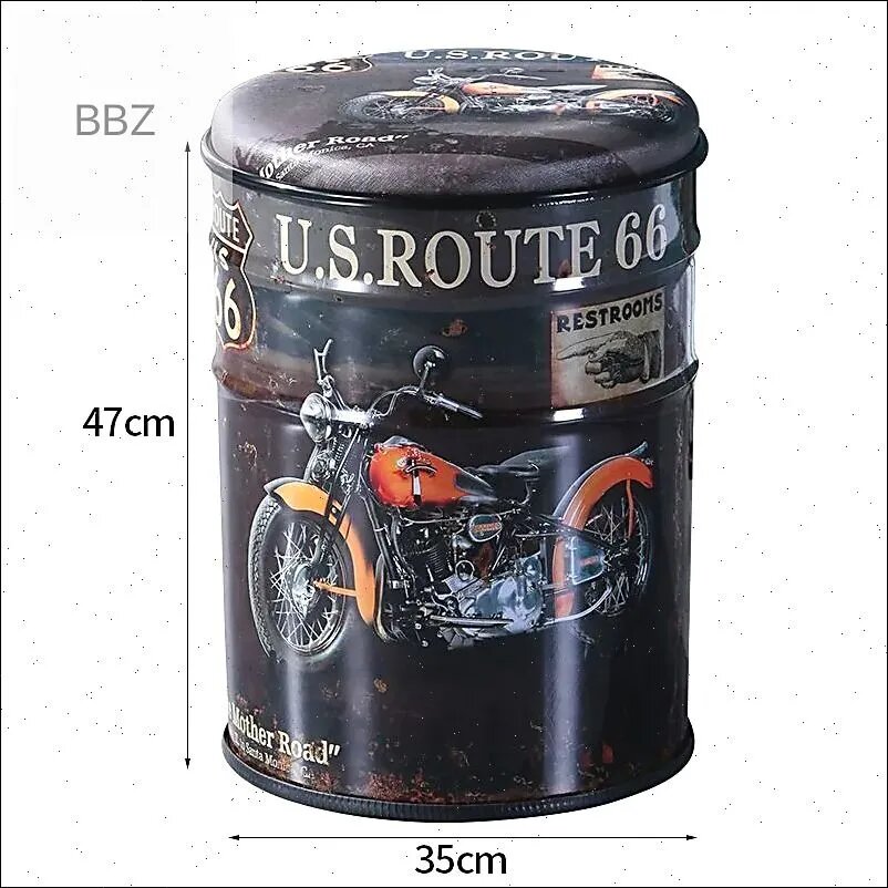 Табурет в стиле ретро с изображением мотоцикла U.S. Route 66, 1 шт, для гостиной, металл, круглый