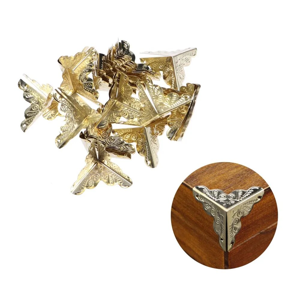 Желтый металлический уголок с резным узором из лозы для деревянных коробок, набор 30 шт с 120 гвоздями