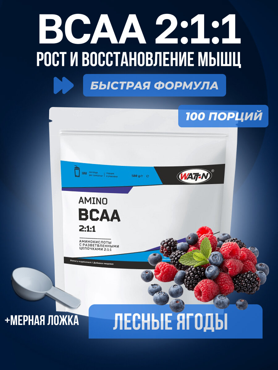 Аминокислоты WATT NUTRITION BCAA 2:1:1 быстрорастворимые, вкус Лесные Ягоды 500 гр.