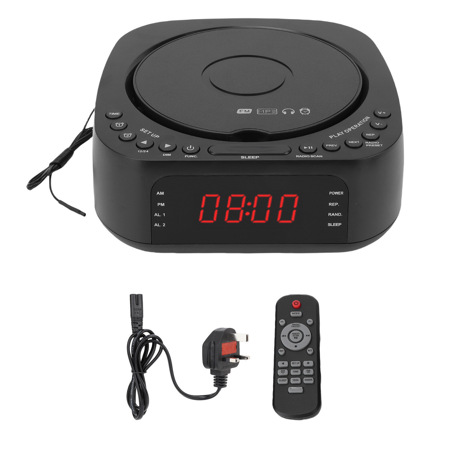 CD Player Alarm Clock USB Charging Dimmable Display Desktop Bluetooth Radio CD Player with Speaker Remote Control for Bedroom UK Plug