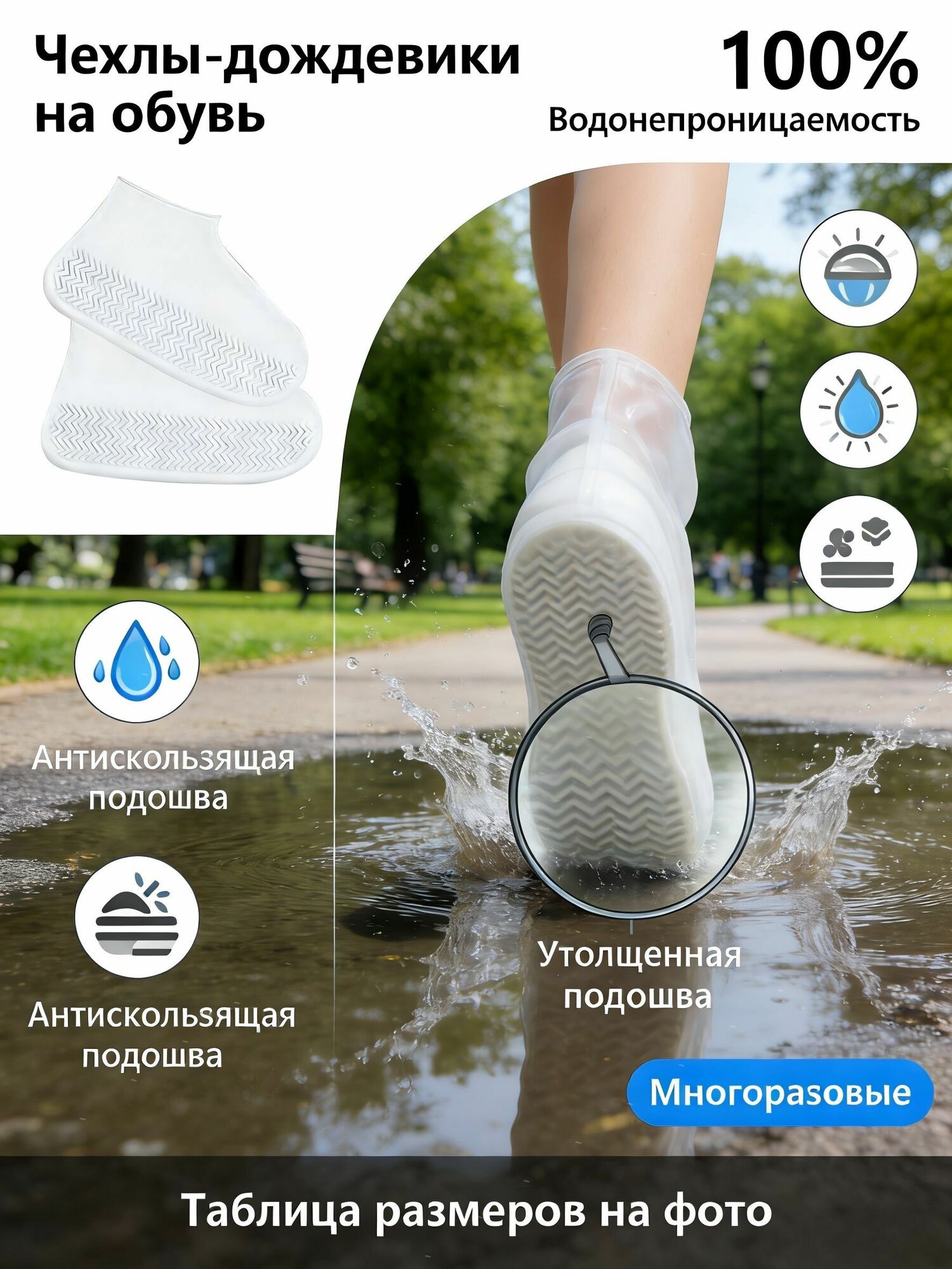 Чехлы на обувь от дождя и грязи силиконовые, бахилы многоразовые для взрослых и детей, водонепроницаемые дождевики для обуви антискользящие