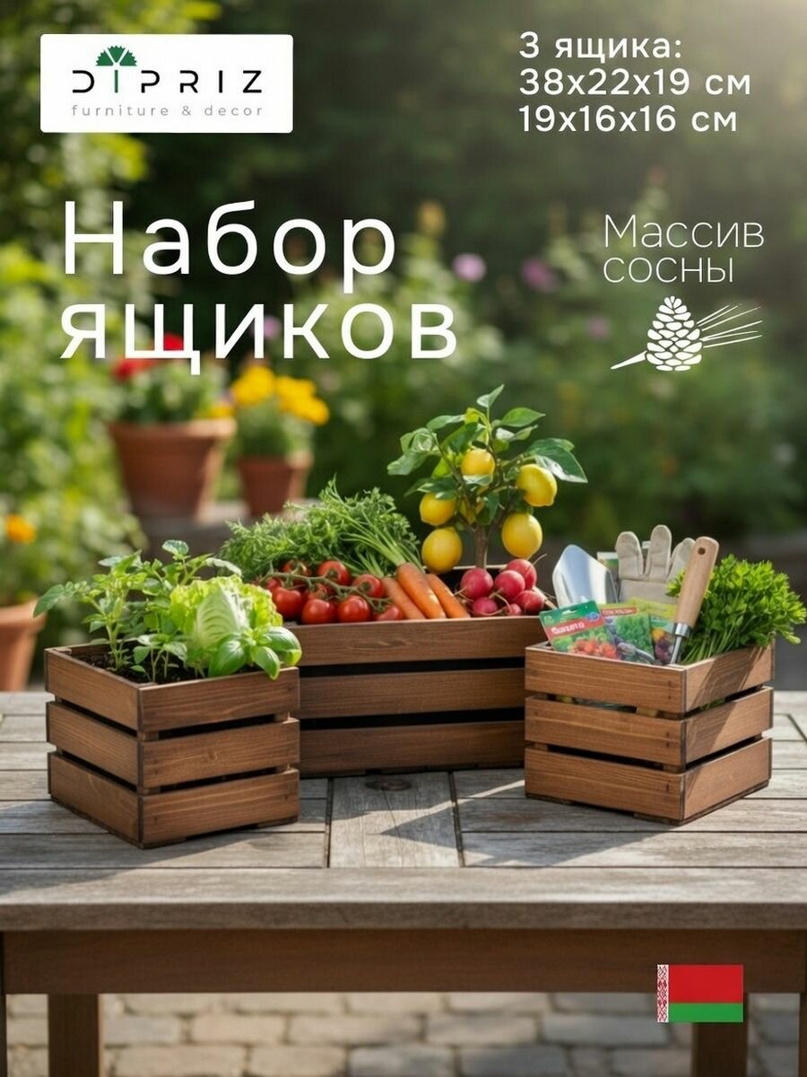 Ящики для хранения, 38х22х19, 19х16х16, для сада, рассады, деревянный, 3 шт, Dipriz