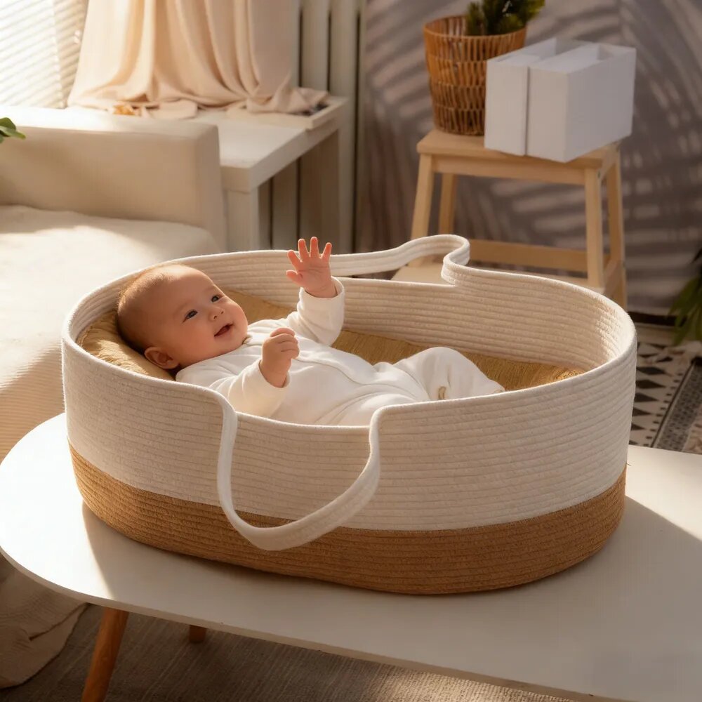 Люлька-переноска белый коричневый для новорожденных корзина 70*40*25 см