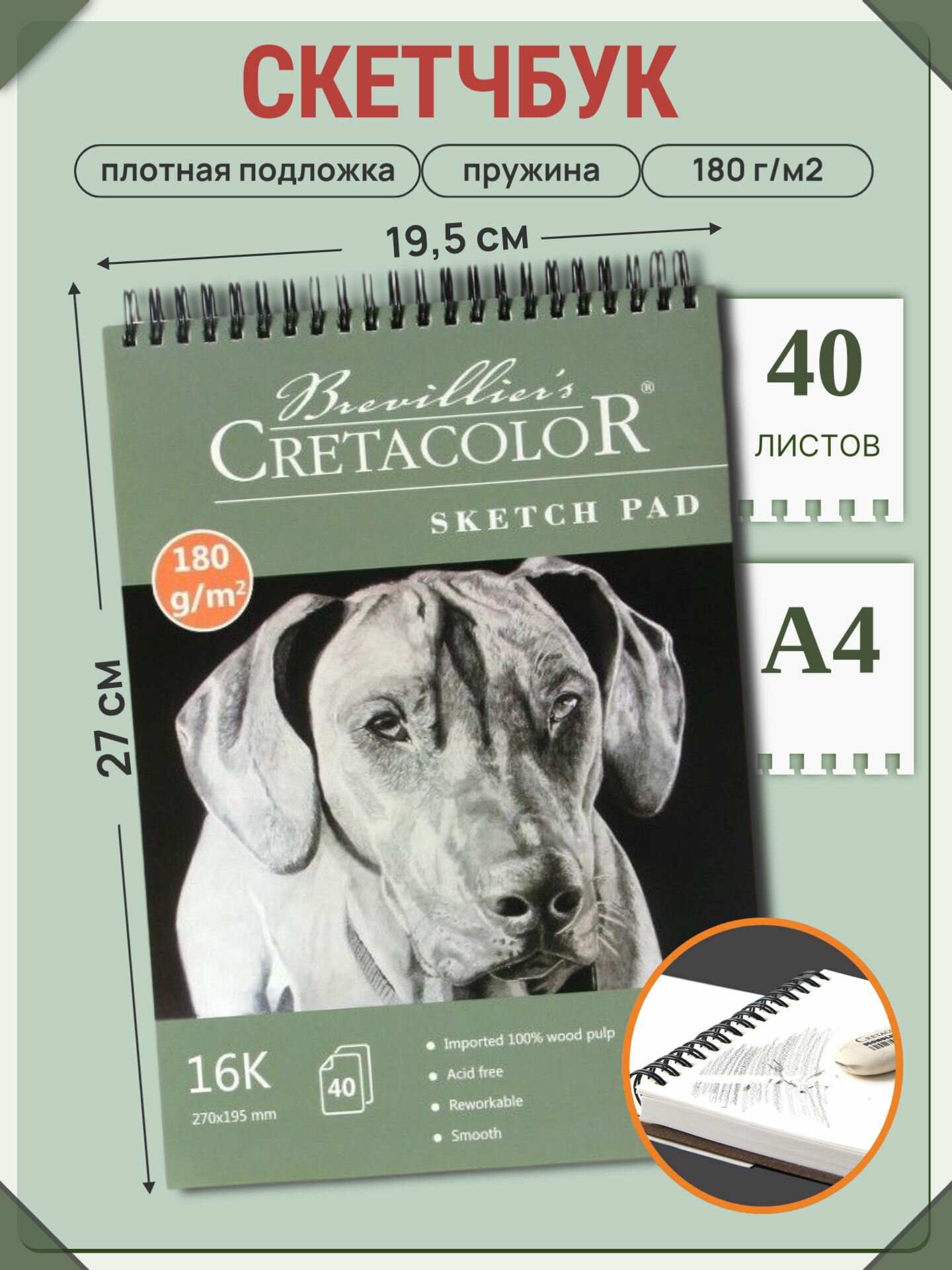 Скетчбук CretaColor А4, на кольцах