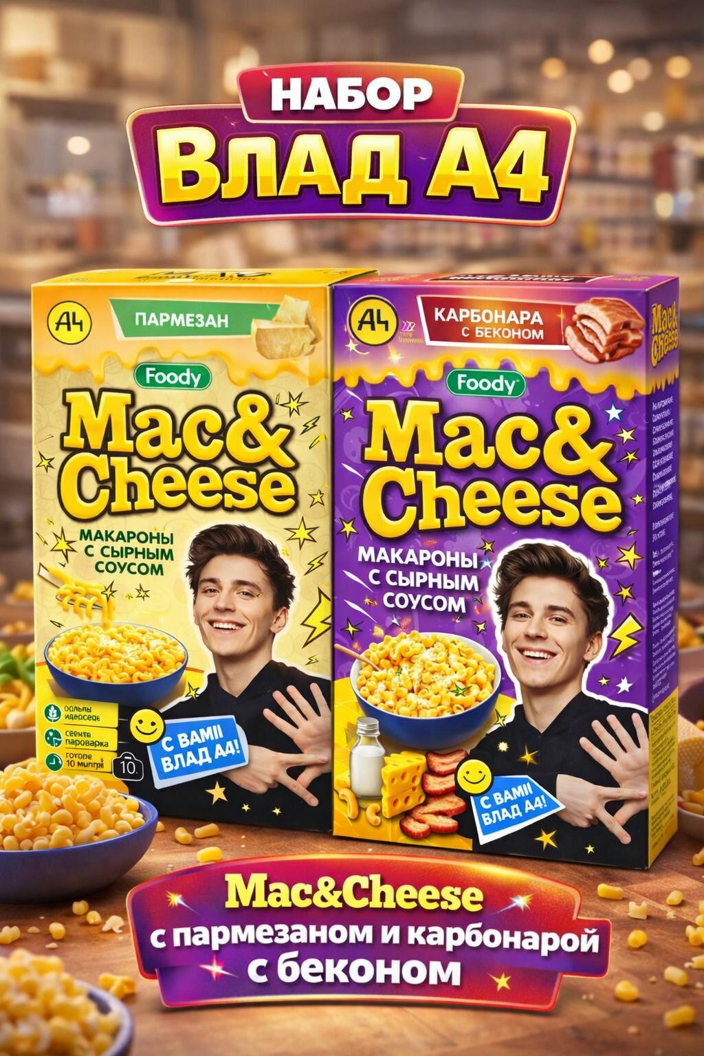 Набор 2 вкуса макарон Влад А4 Mac&Cheese Пармезан / Карбонара по 143 гр.