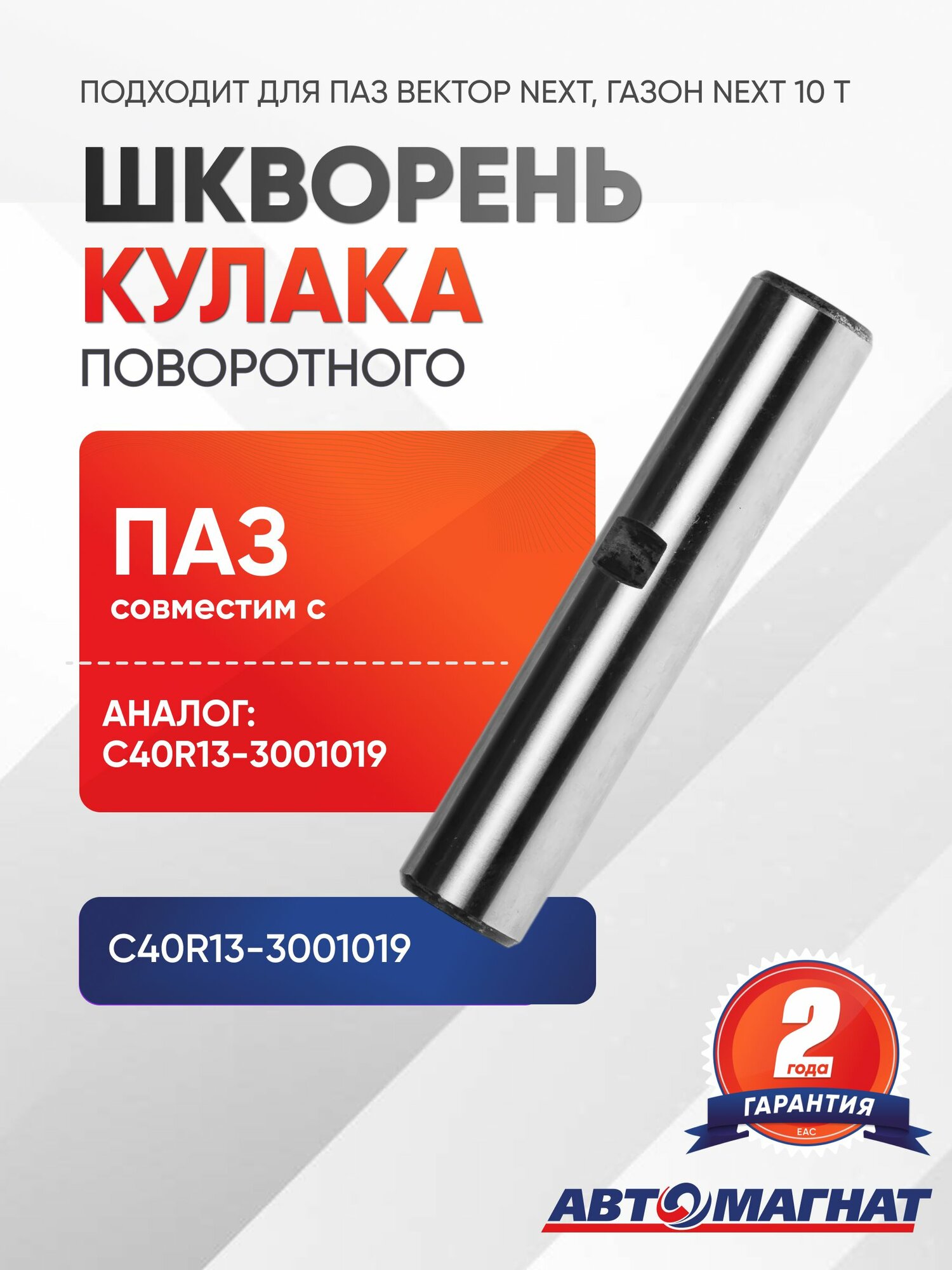 Шкворень поворотного кулака для а/м ПАЗ Вектор NEXT, Газон NEXT 10т. (аналог: С40R13-3001019)
