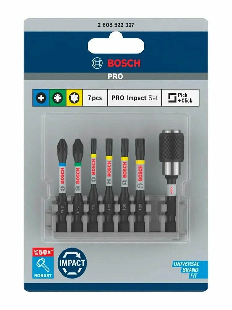 Bosch 2608522327 Набор ударопрочных винтовых бит 50 мм С удлинителем Быстросменный магнитный, 7шт
