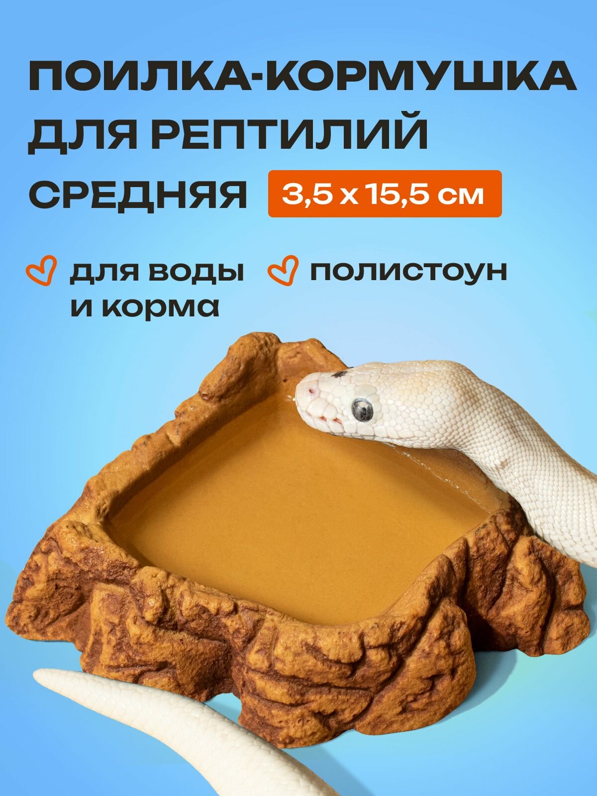 Поилка кормушка для рептилий, геккона и эублефара, большая (3,5 х 12,5 х 15,5 см)