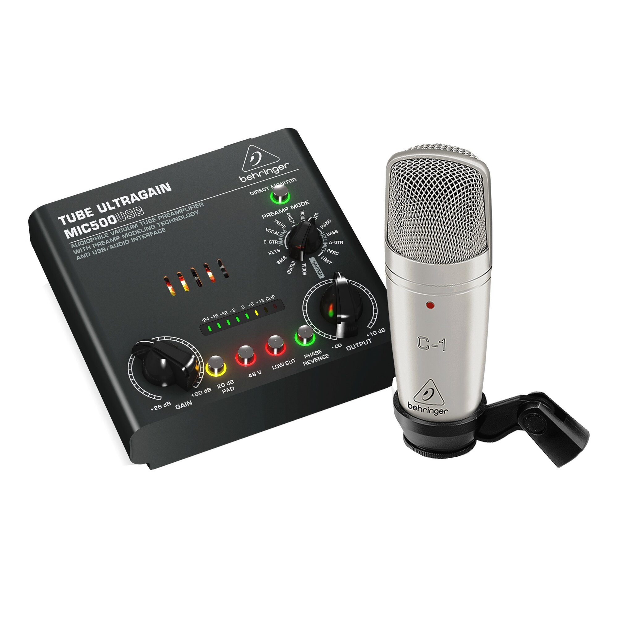 Behringer VOICE STUDIO Набор для звукозаписи, микрофон конденсаторный C-1, ламповый предусилитель MIC500USB, входы XLR и TRS