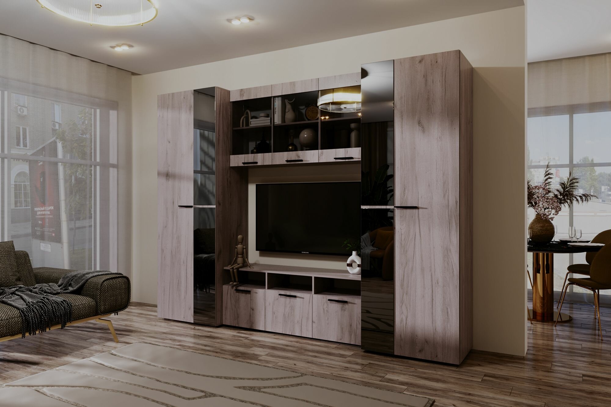 Комплект мебели для гостиной с нишей под ТВ Женева Дуб Крафт Серый