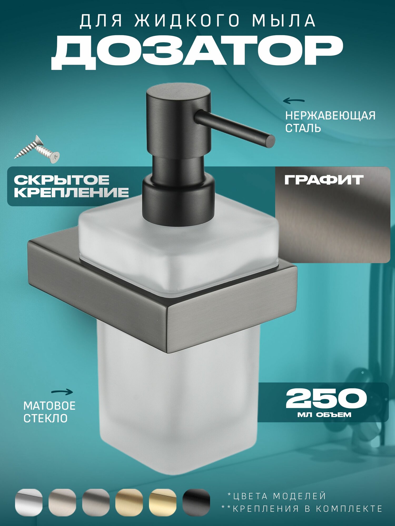 Дозатор-диспенсер для мыла/шампуня/геля для душа настенный из стекла 250 мл Grocenberg (Графит)