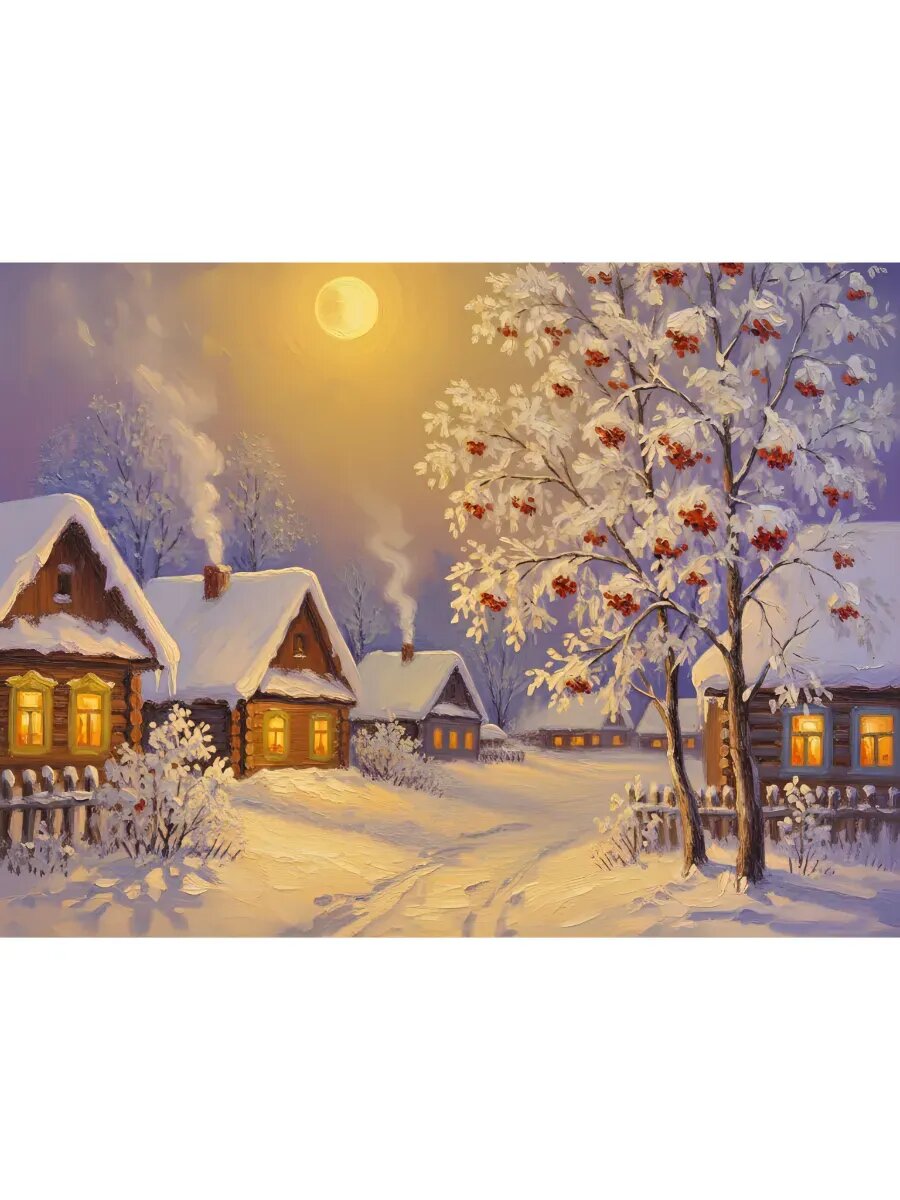Картина интерьерная на холсте на стену Зимняя деревня 40х50