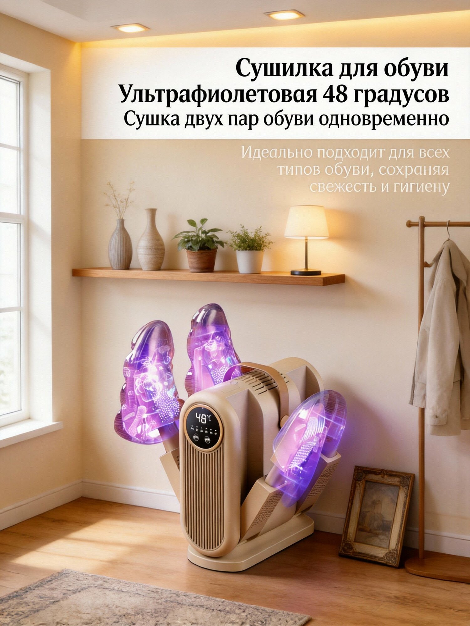 Сушилка для обуви, поддержание температуры 48 градусов для двух пар одновременно, UV-стерилизация, ароматический отсек и складной компактный дизайн