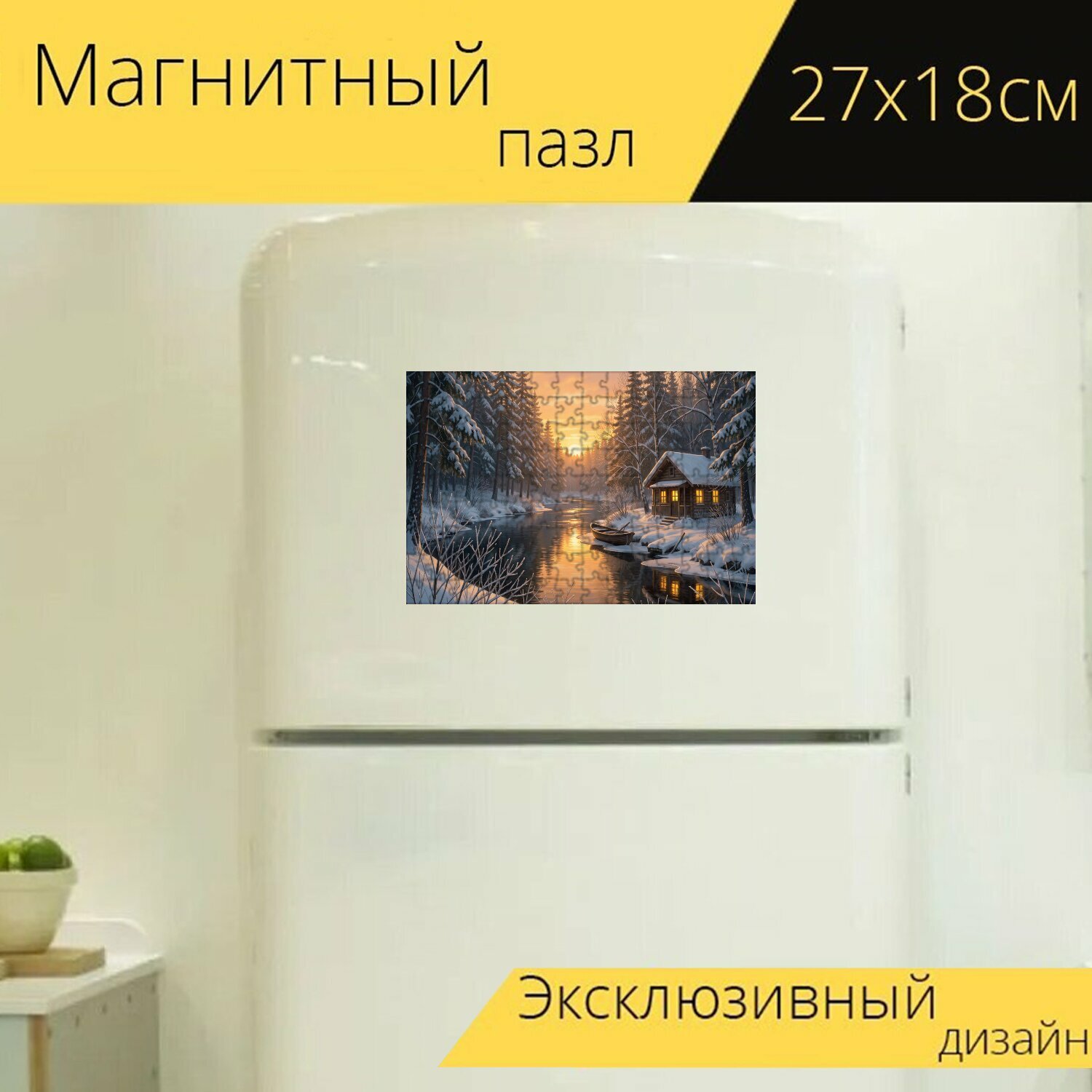 Магнитный пазл "Зимний лесной дом у реки. Сказочный заснеженный бор с тихим водным руслом, уютной избушкой и лодкой на берегу. Тёплый свет окон." на холодильник 27 x 18 см.