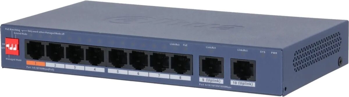 Коммутатор Dahua DH-CS4010-8ET2GT-60 8-портовый PoE с функцией облачного управления, 8xRJ45 100Mb, 2xRJ45 1Gb uplink
