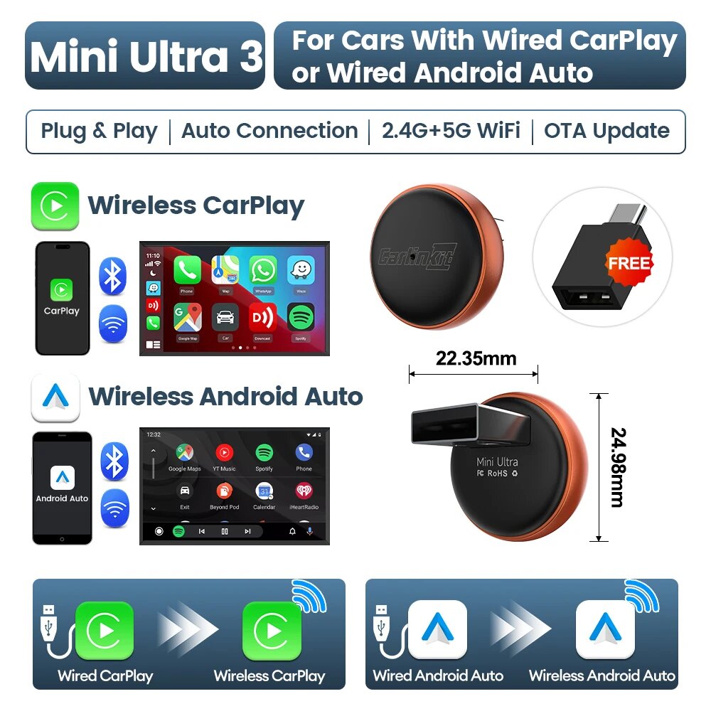 Беспроводной Адаптер Mini Ultra 3 CarlinKit 5.0 Для OEM-систем Автомобиля, Mini Ultra 3 Orange