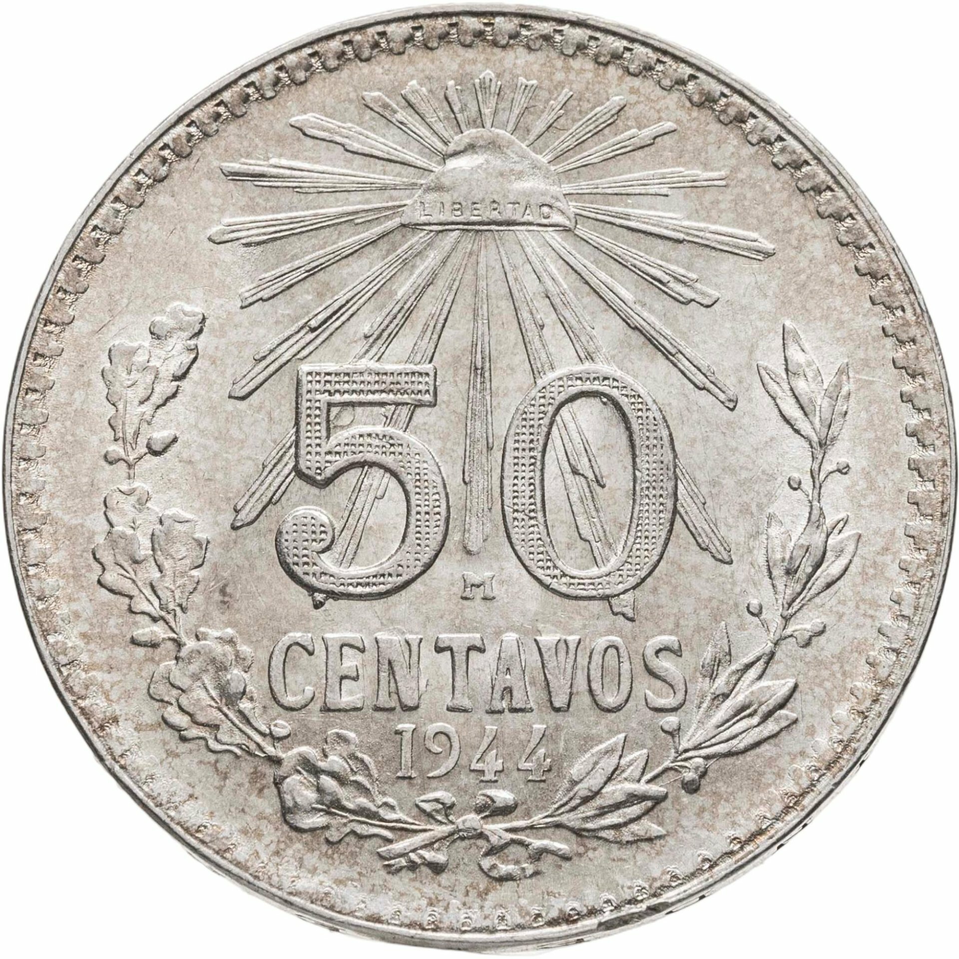 Мексика 50 сентаво centavos 1944, Серебро 720, в сохранности UNC