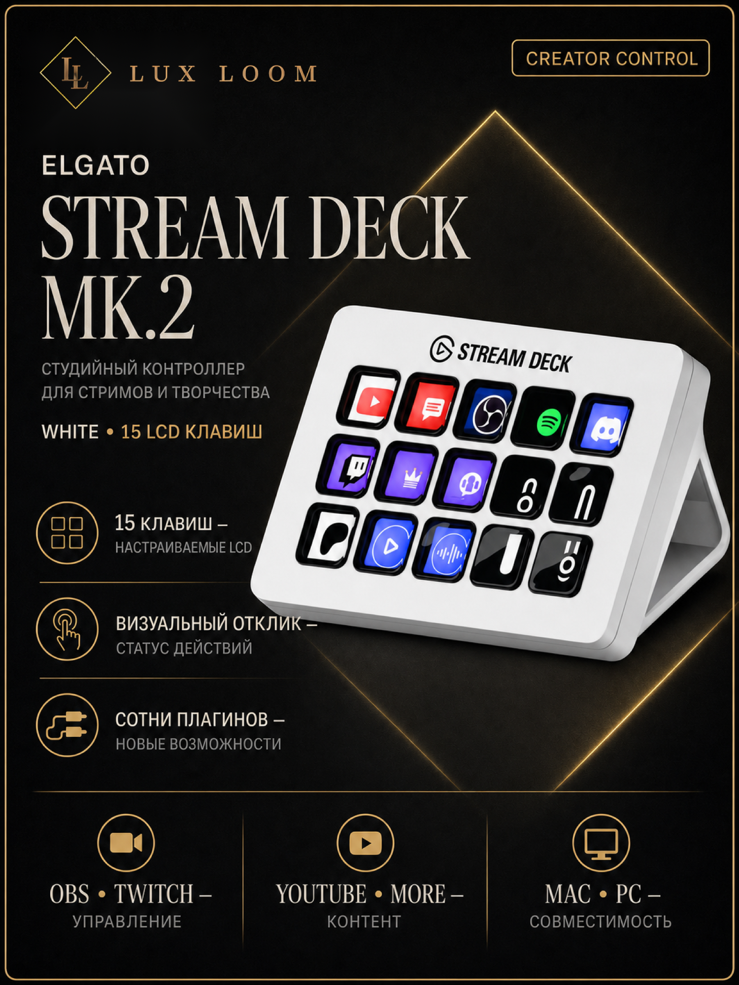 Пульт-контроллер Elgato Stream Deck MK.2, 15 программируемых LCD-клавиш, белый, для стриминга