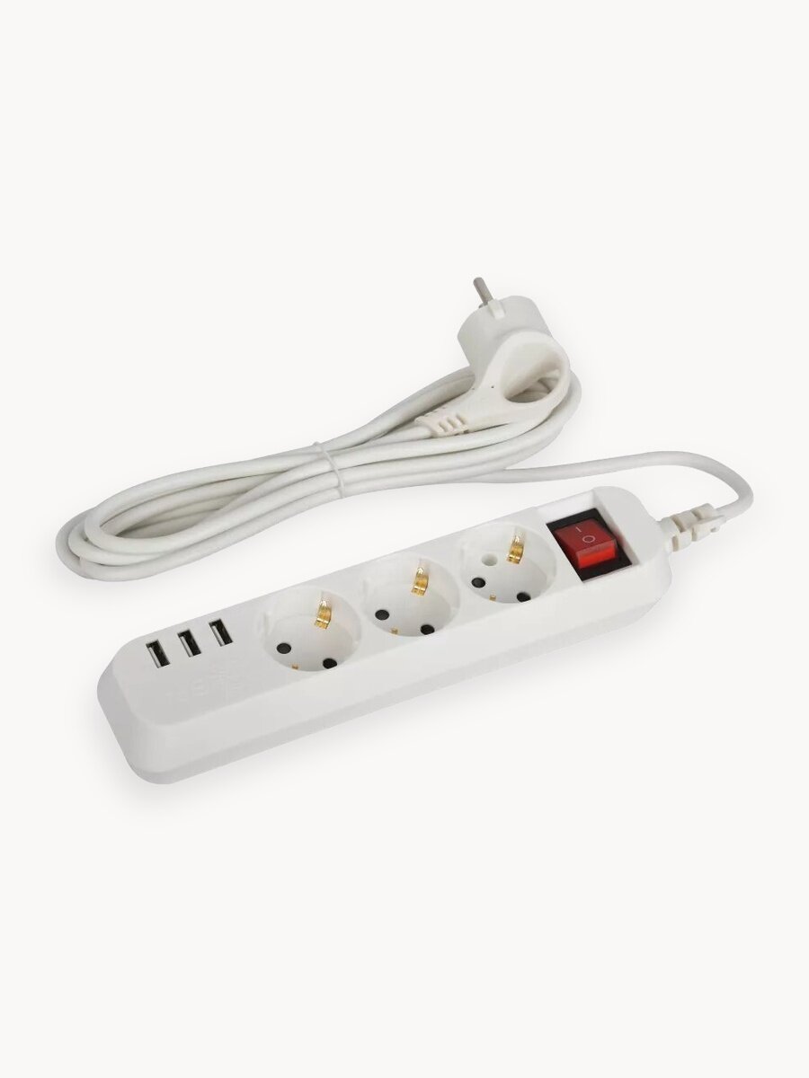 Удлинитель электрический 3 розетки, 3 USB, 1,5м 10А ЭРА с заземлением, с выключателем, белы