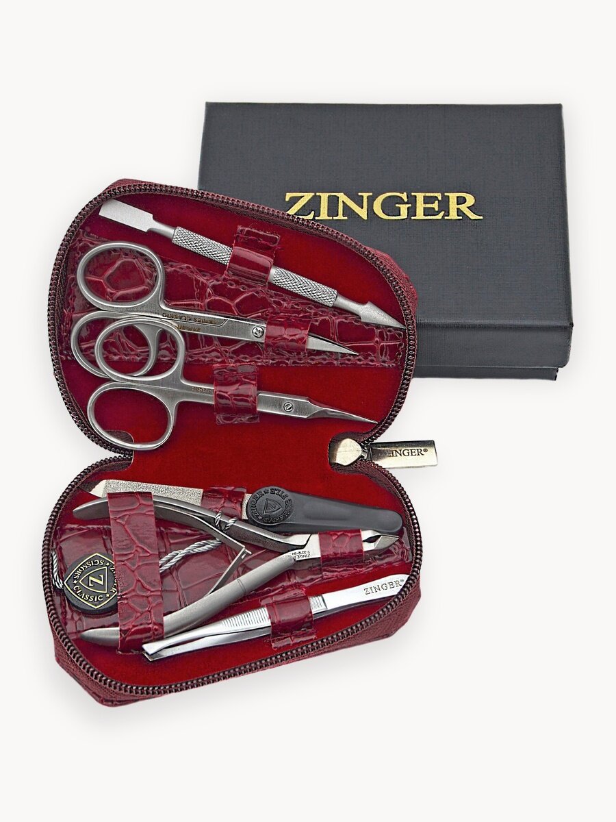 Маникюрный набор Zinger 7103, 6 предметов, медицинская сталь, серебристый/бордовый крокодил