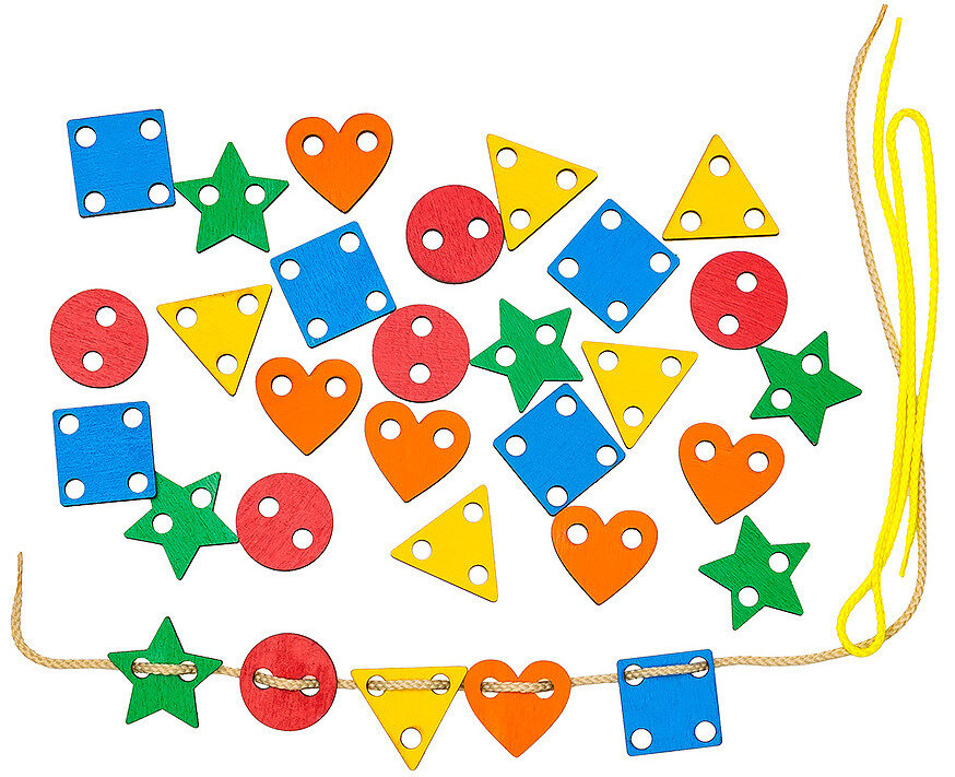Развивающая шнуровка "Геометрические фигуры", дидактическая игра для мелкой моторики, 30 деревянных разноцветных элементов, игрушка для малышей по методике Монтессори