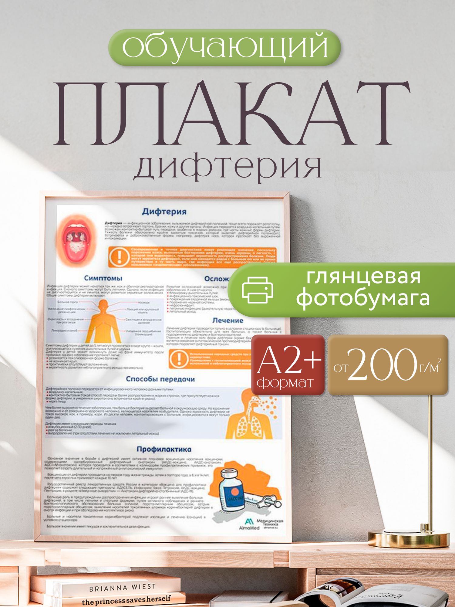 Дифтерия медицинский плакат, глянцевая фотобумага от 200 г/кв. м, размер A2+