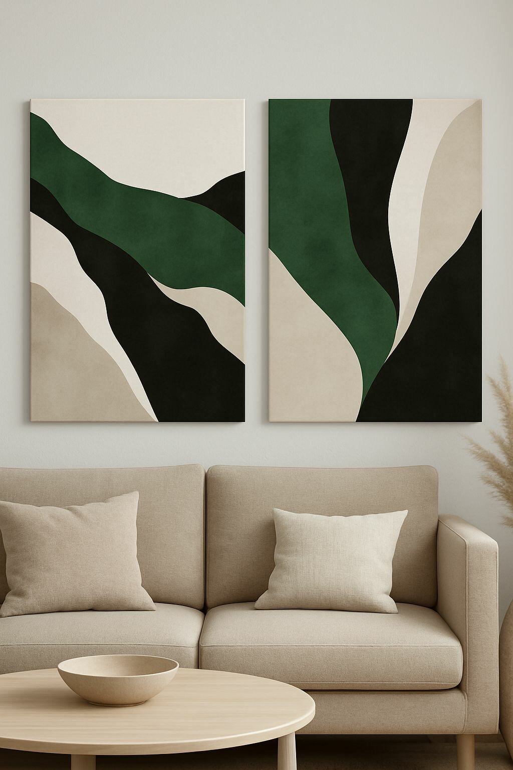 Современная настенная картина: абстрактные формы, зелёный, чёрный, бежевый. Размер 120х80 см