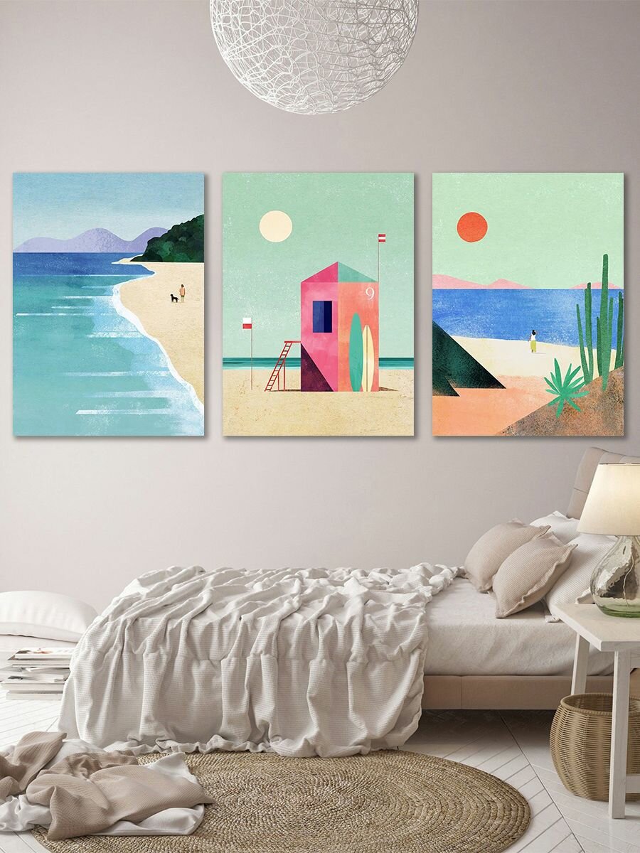 Модульные картины на стену / триптих - "Природа, минимализм горы море лес абстрактное бохо", картина 3 шт, модуль 40х90 см