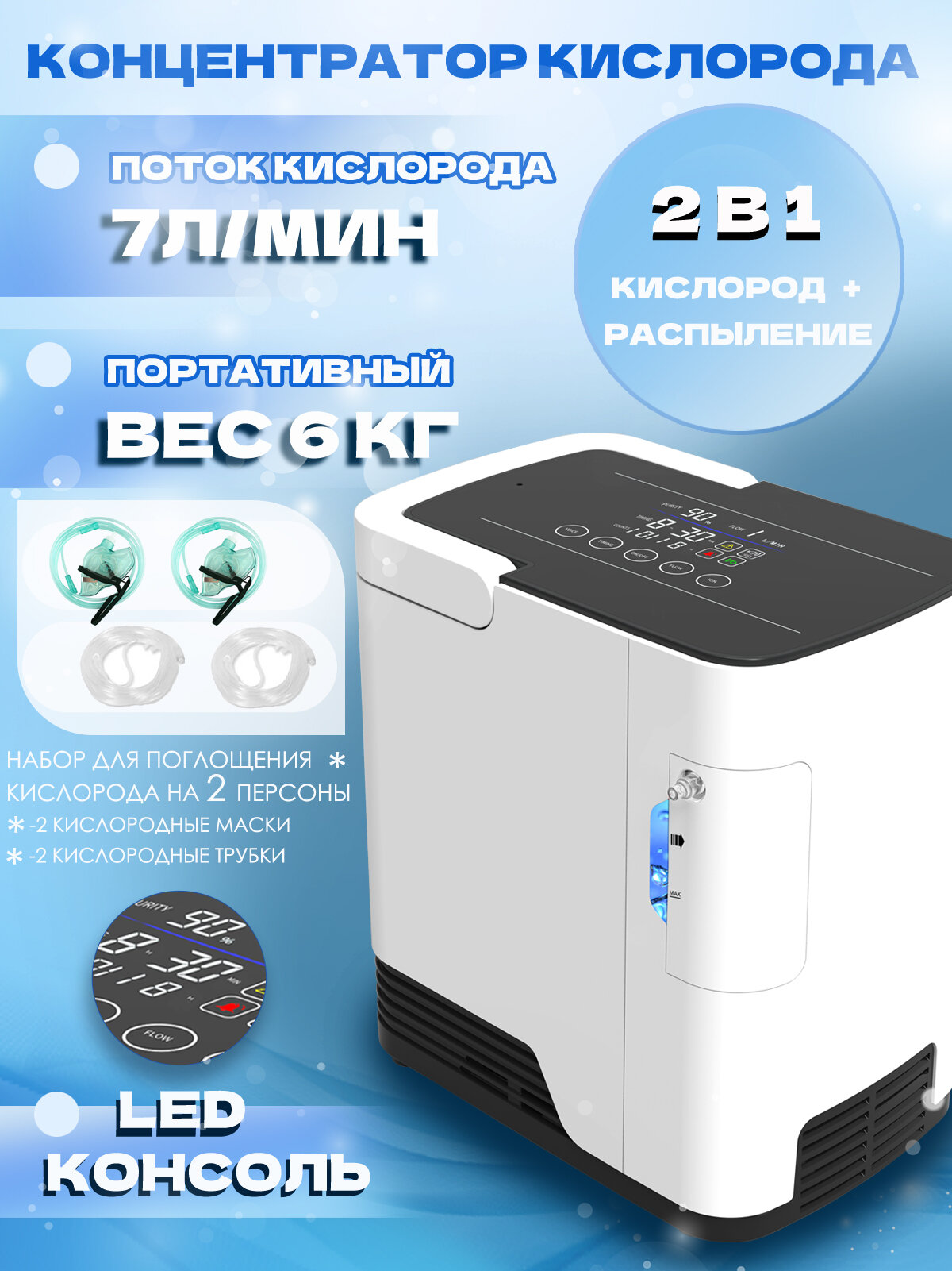Портативный бытовой кислородный генератор с дистанционным управлением; 1-7 литров; 2 человека, 2 кислородные маски