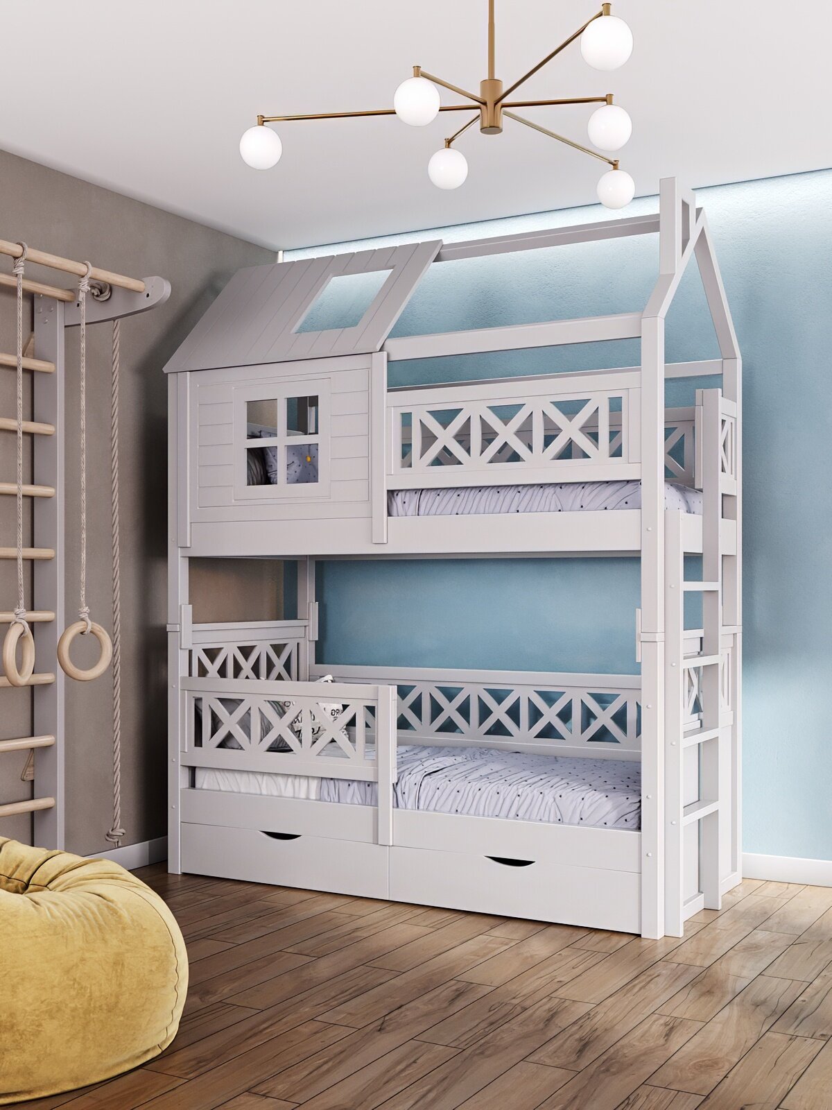 Двухъярусная кровать Прованс Домик, лестница с торца, цвет Беленый дуб.