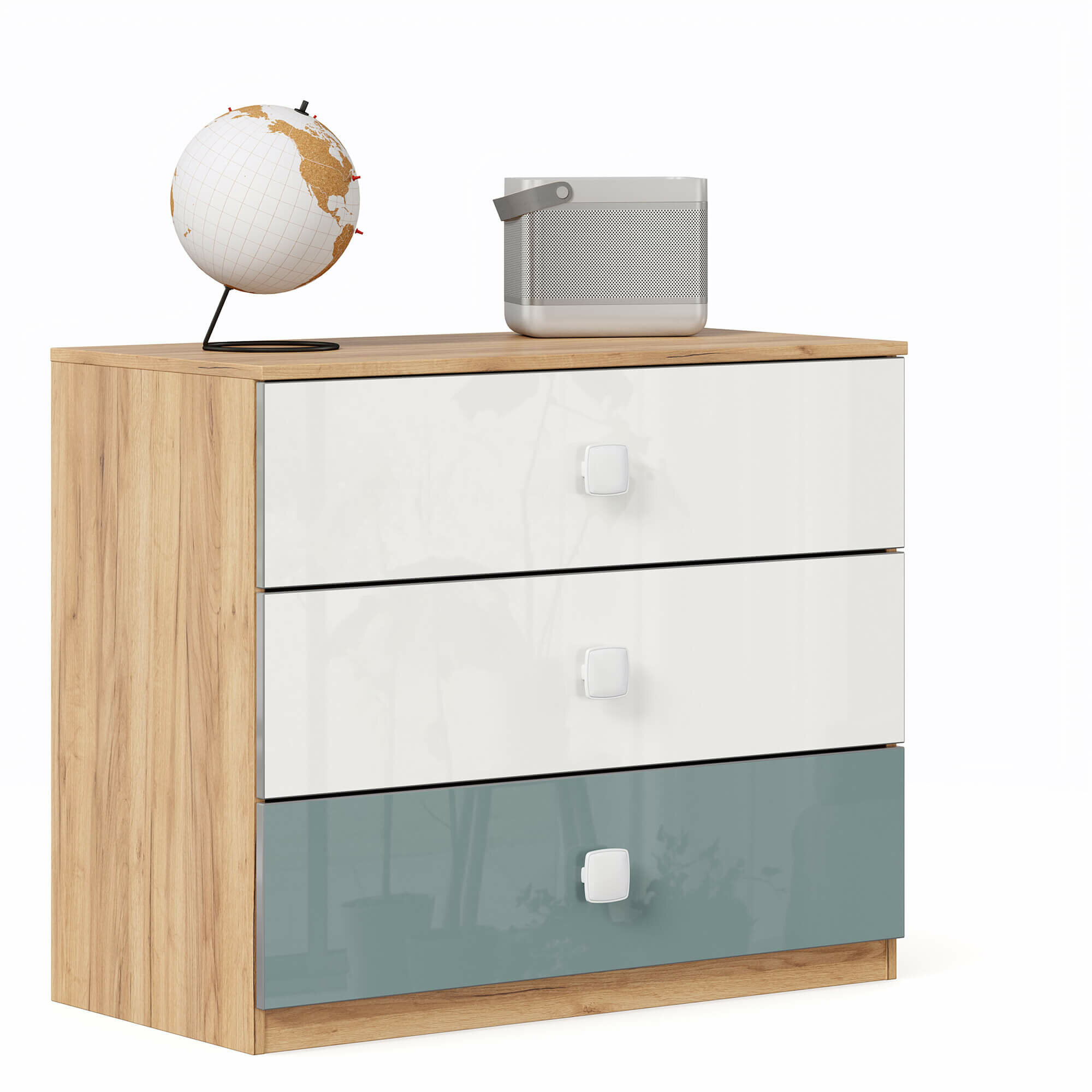 Комод для одежды деревянный Агата, 3 ящика, 90 х 46 х 75.5 см, Дуб Золотой/Белый/Сумеречный голубой, SL