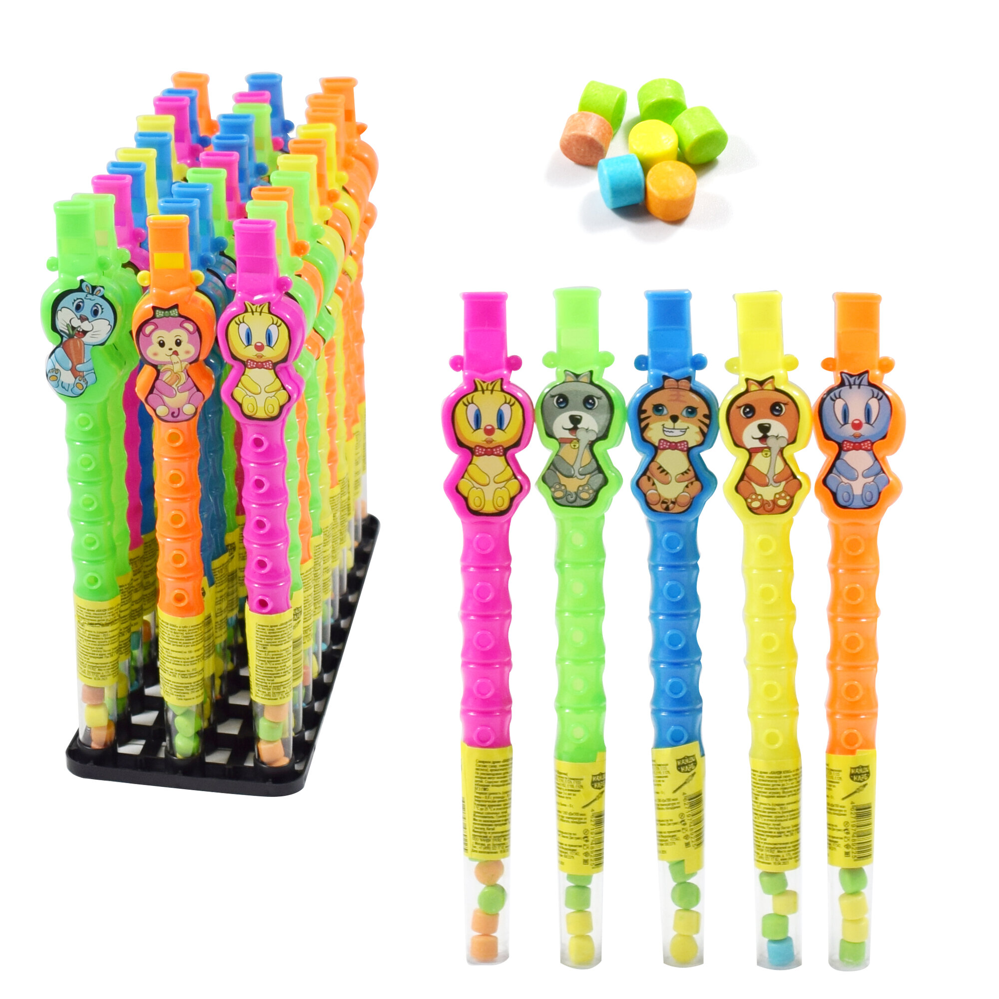 Драже сахарное ДУДЕЛКА в тубе + антистресс игрушка (блок 30шт по 2гр) конфеты Канди Клаб. Ассорти вкус тутти - фрутти. Подарочный набор сладостей детям на день рождения, 23 февраля, 8 марта, Новый год