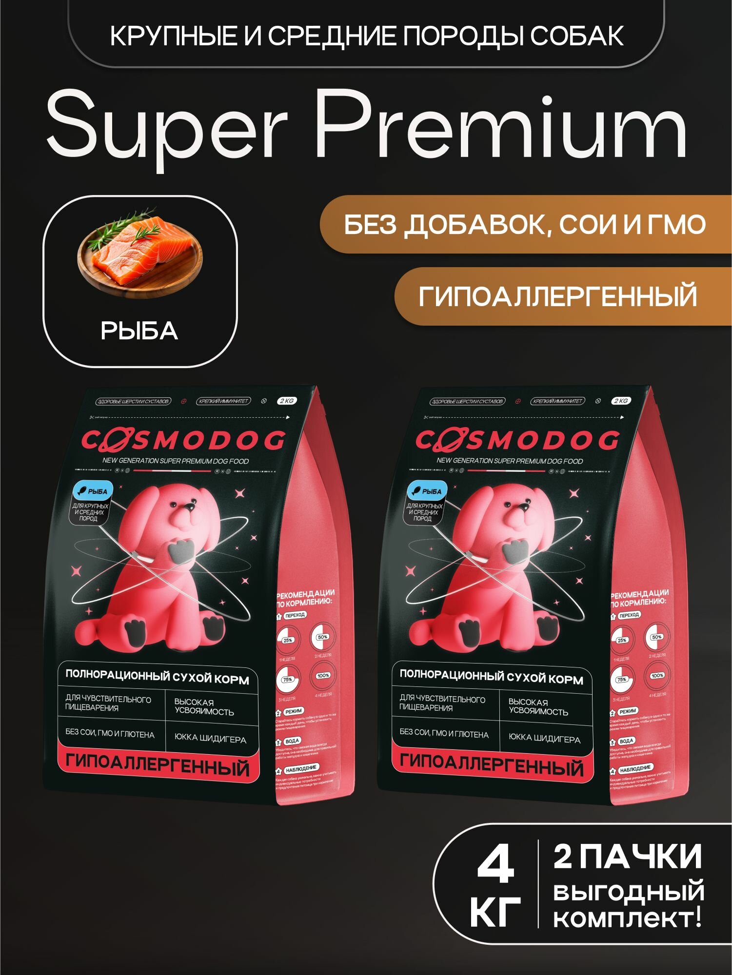 Корм для собак сухой Cosmodog с рыбой 4 кг гипоаллергенный холистик супер премиум-класса для крупных и средних пород