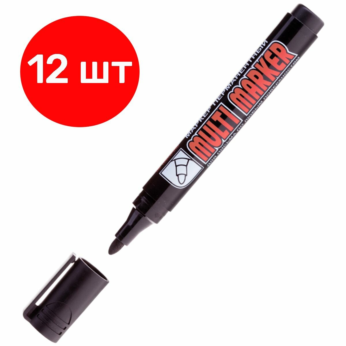 Перманентный маркер CROWN "Multi Marker", черный, светостойкий, 12 шт
