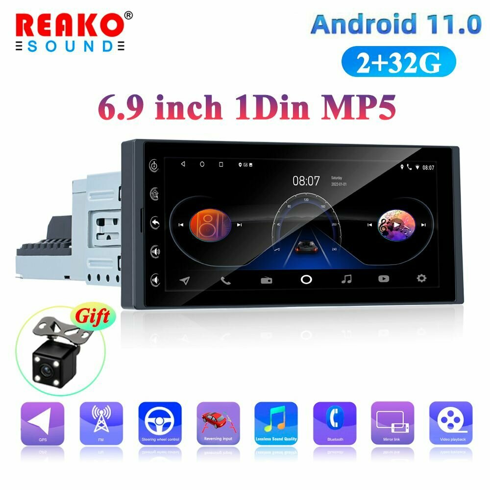 1 Din Автомобильное радио Android 11 6.9 дюймов Bluetooth GPS WiFi Phonelink камера заднего вида IPS