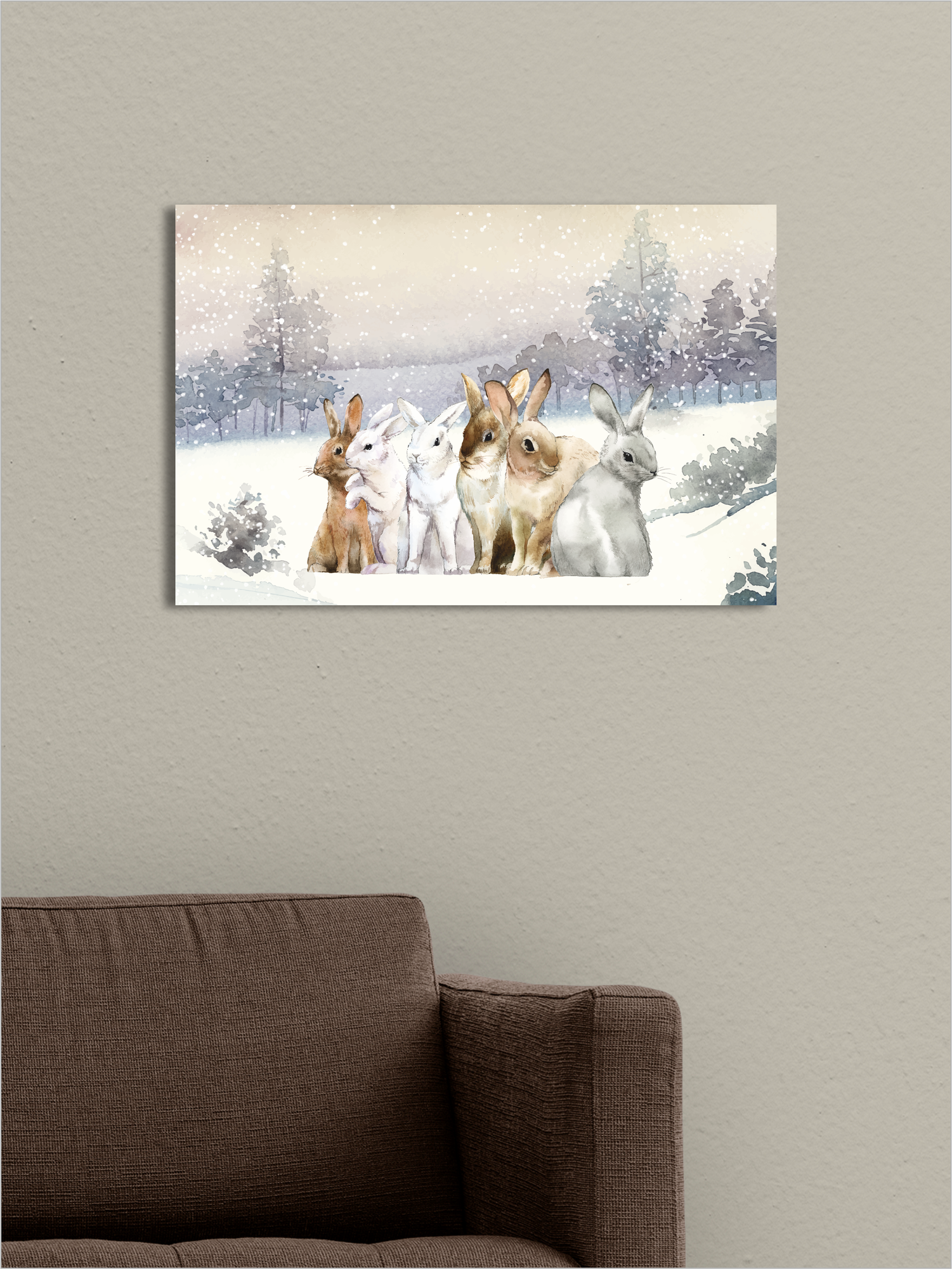 Картина для интерьера на стену зимний пейзаж. Зайцы на белом снегу 50х70 см на холсте на подрамнике