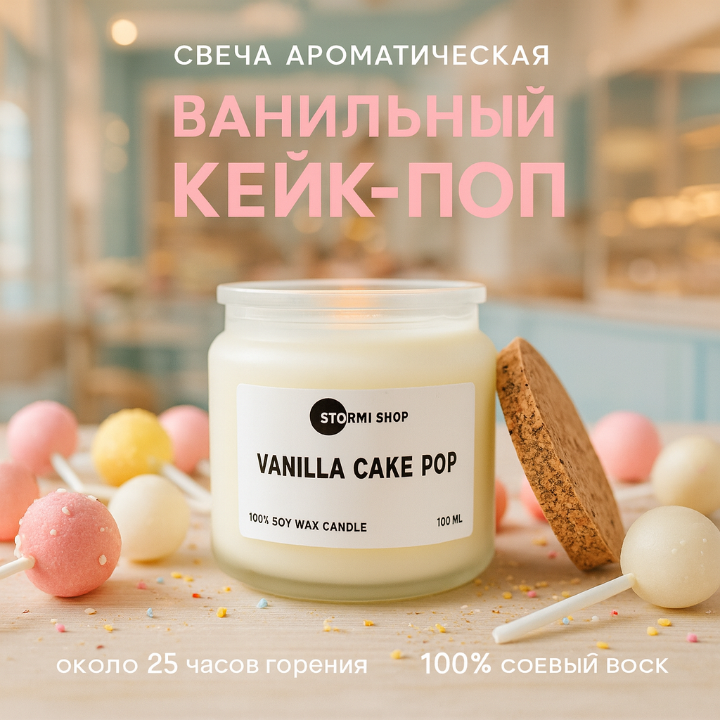 Ароматическая свеча "Ванильный кейк поп", с деревянным фитилем, соевый воск