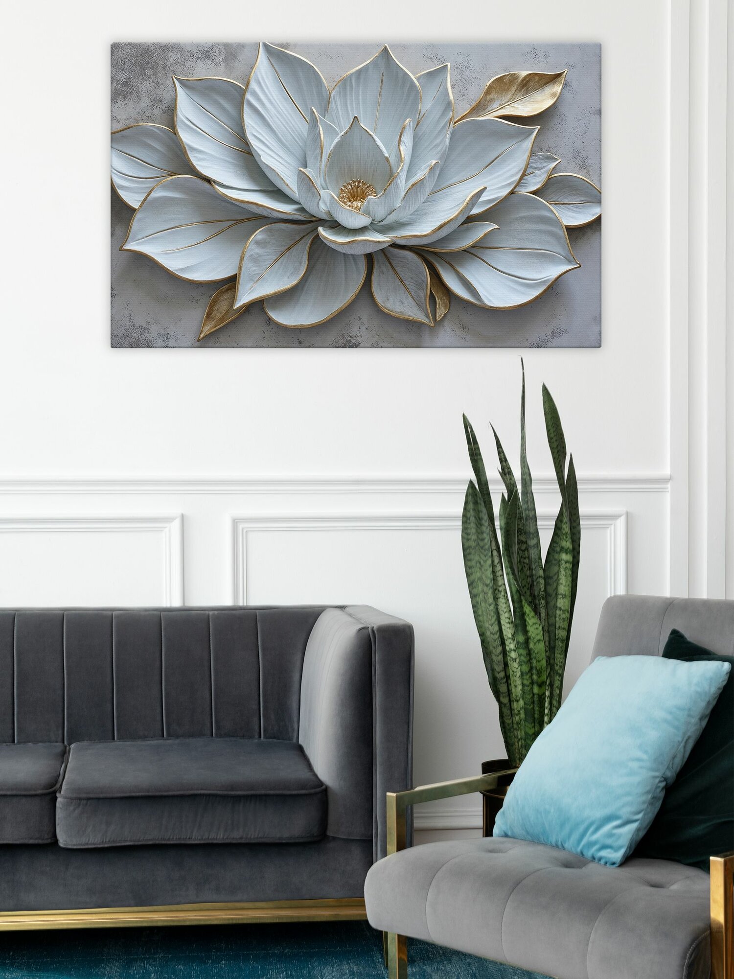 Картина для интерьера DeFine , Лотос , 60x100см, серый фон, на подрамнике