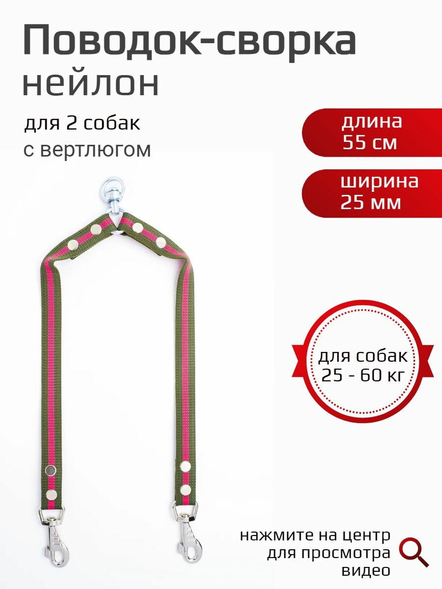 Поводок-сворка Хвостатыч для двух собак с вертлюгом нейлон 55 см х 25 мм (зелено-красный)